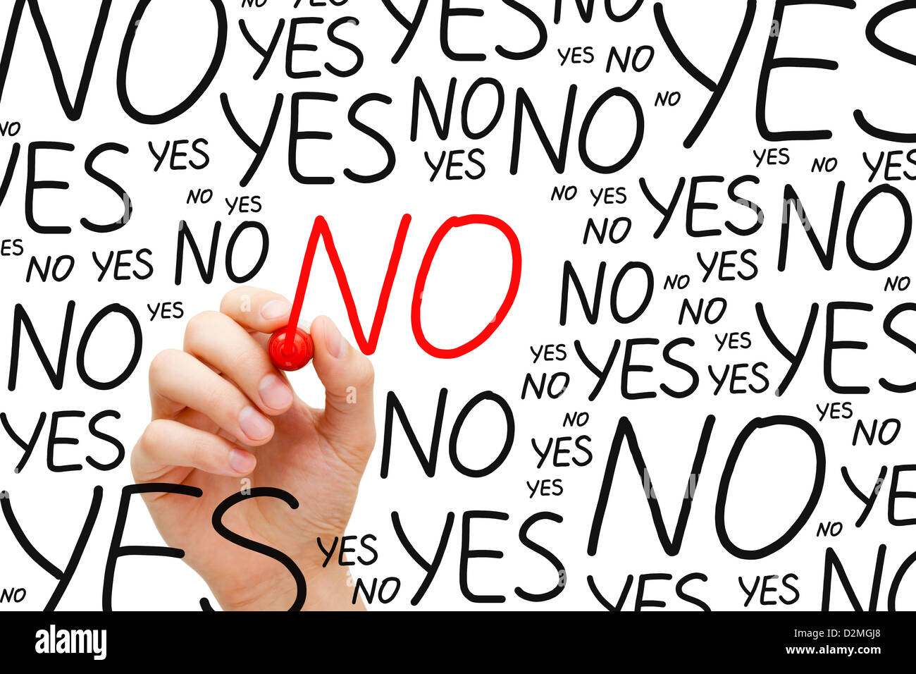 Hand writing No with red marker on transparent wipe board Stock Photo ...