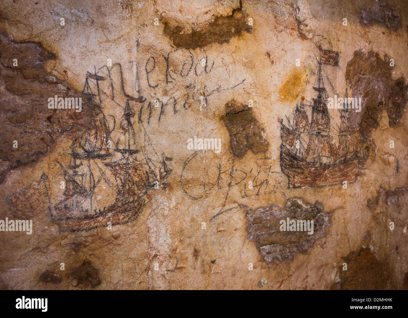 OLD SAN JUAN, PUERTO RICO - Graffiti drawing of ships on prison cell ...