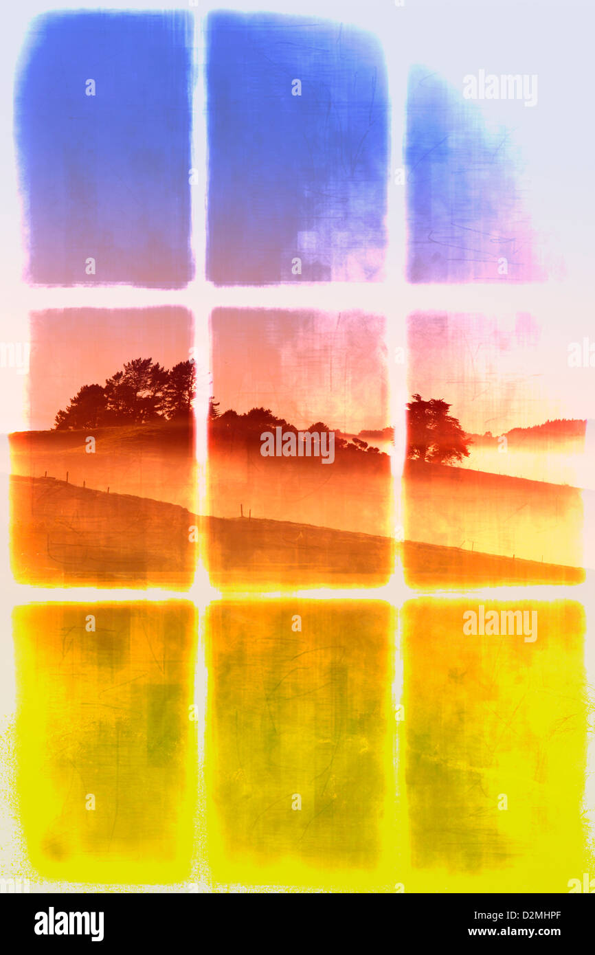 An abstract view though a window of early morning sunrise over a rural ...