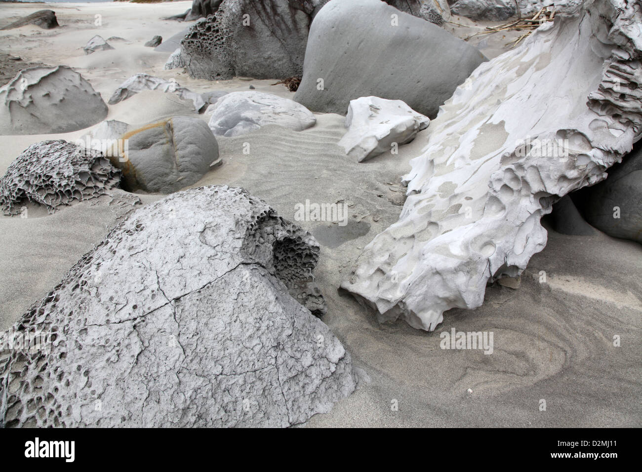 Rock formations on a New Zealand beach scoured by the wind into shapes ...