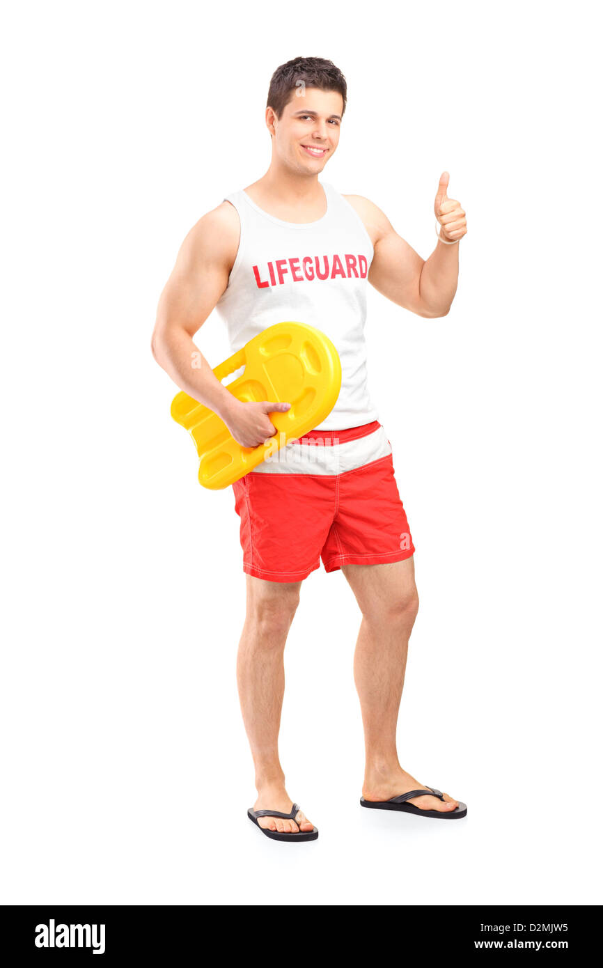 Full length portrait of a happy lifeguard on duty giving a thumb up ...