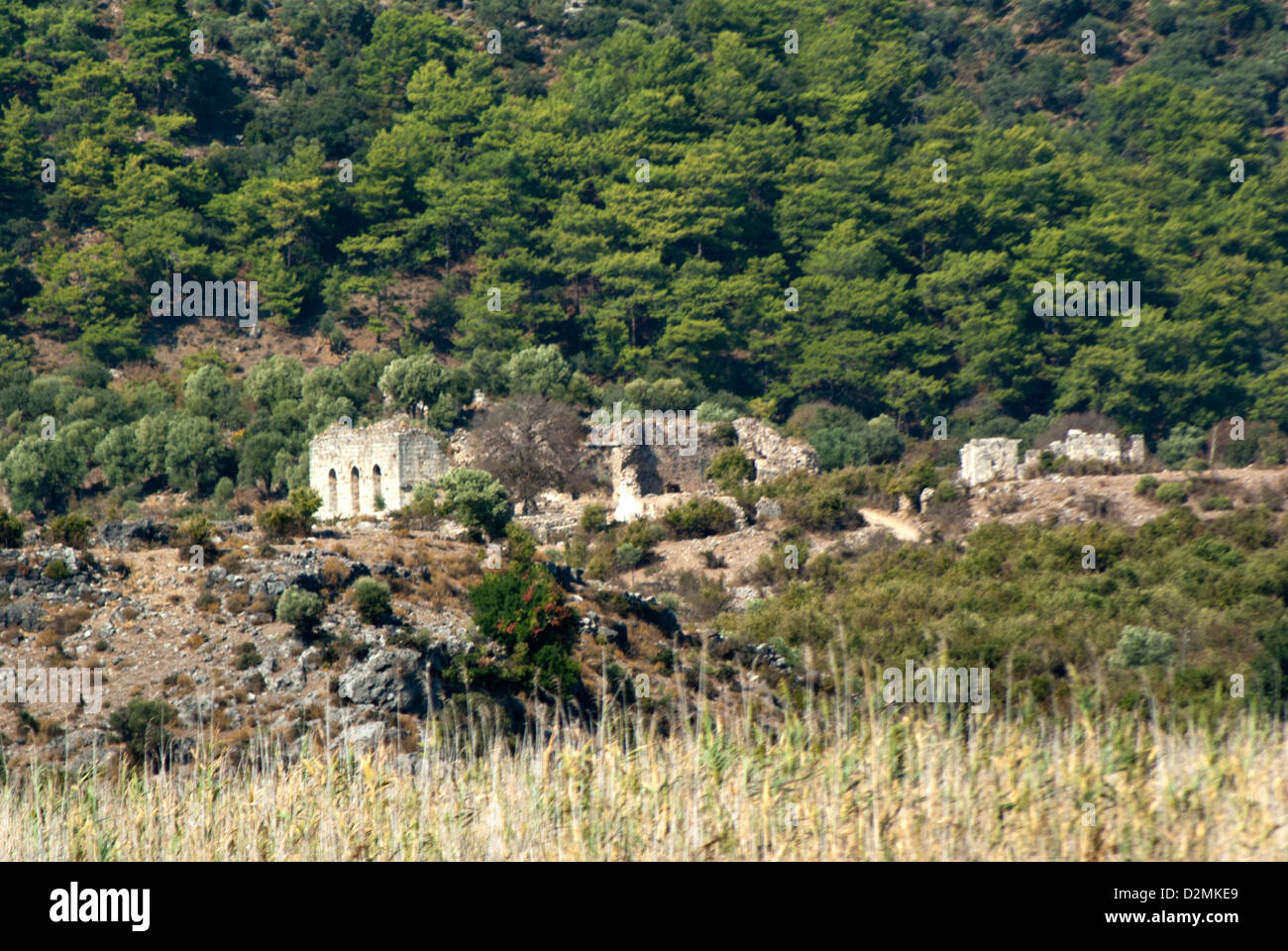 Kaunos, ruins of Lycian city seen from boat on Dalyan River Stock Photo ...