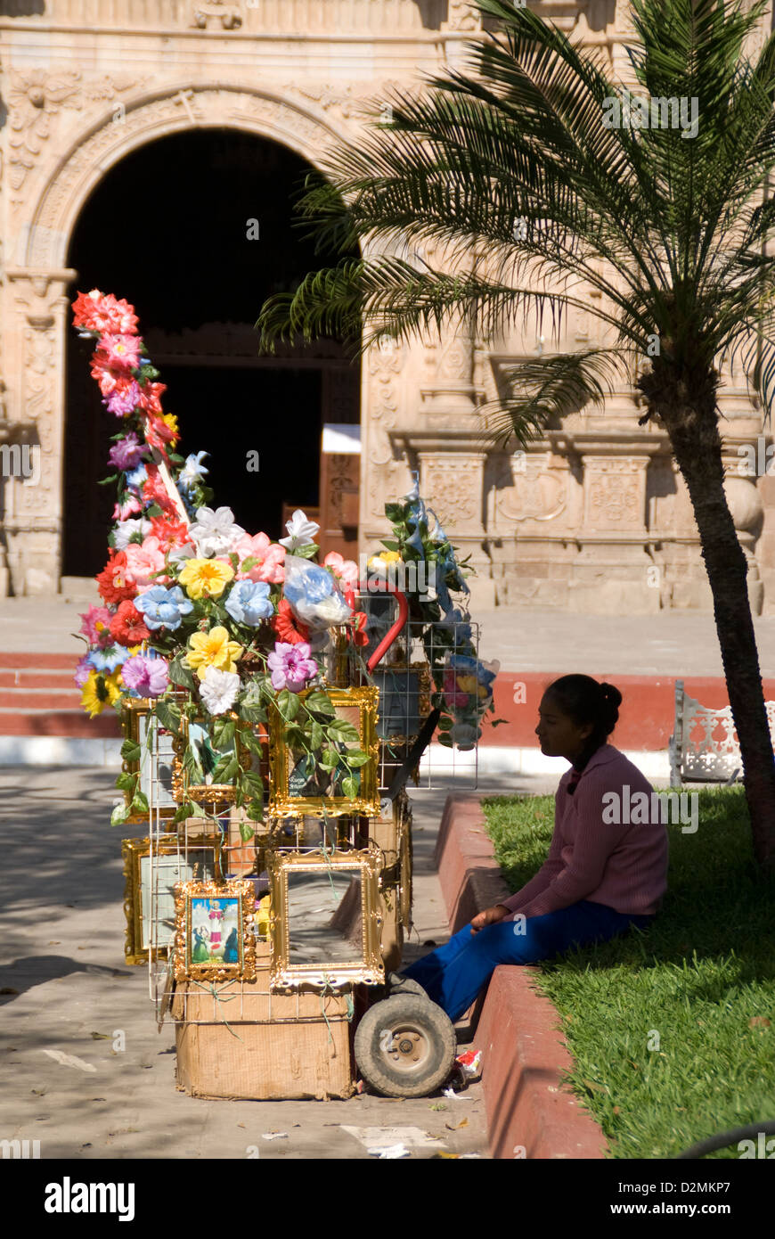 Artificial flowers on sale in a plaza by a cathedral in a small town in ...