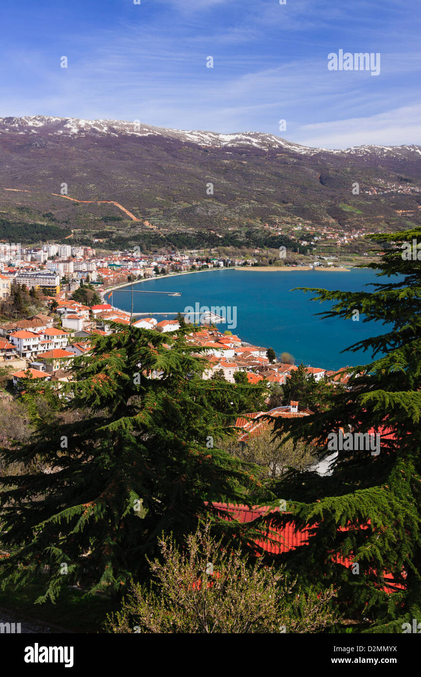 Ohrid city and lake overview with mountains backdrop. Macedonia Stock ...