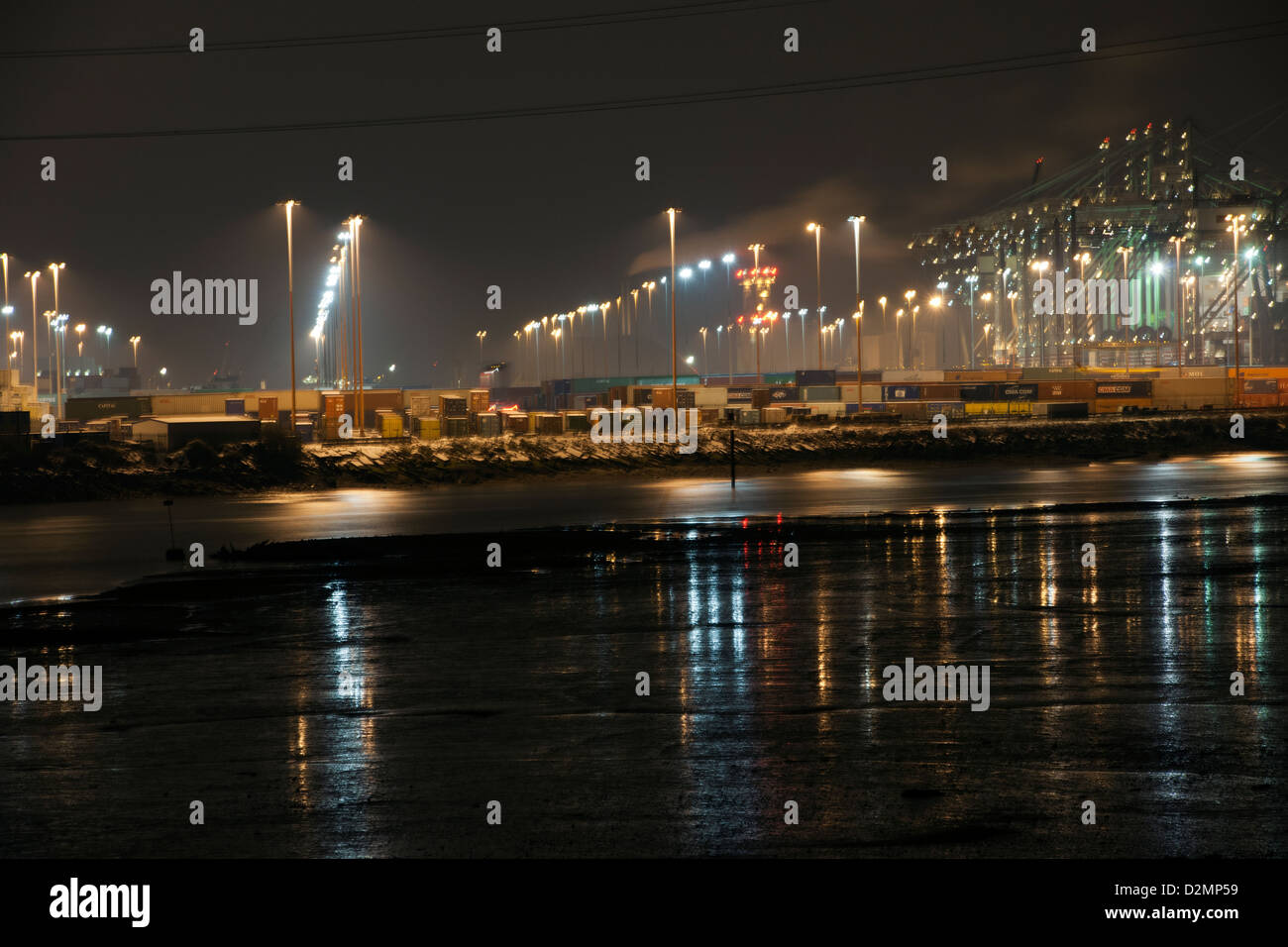 Night photograph of the Southampton Container Port, Southampton Water ...