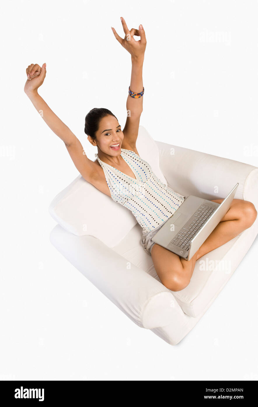 Woman excited laptop hi-res stock photography and images - Alamy