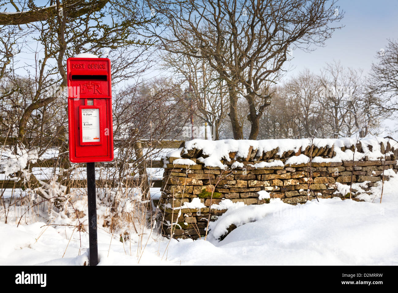 County Durham England UK GB. red post box stood in wintery countryside ...