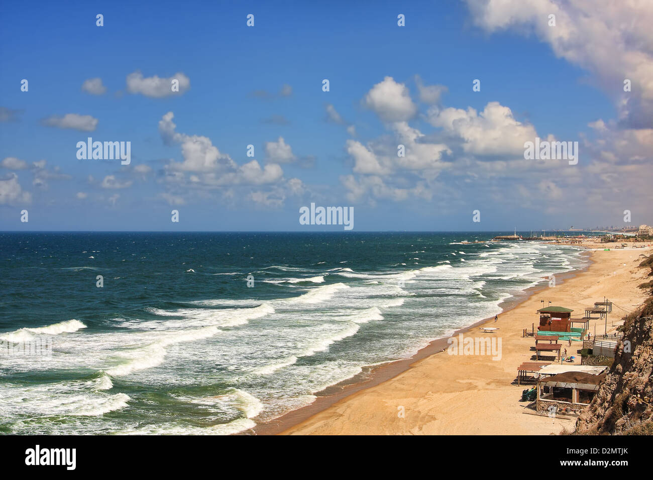 Aerial view on beautiful beach along Mediterranean sea shoreline with ...