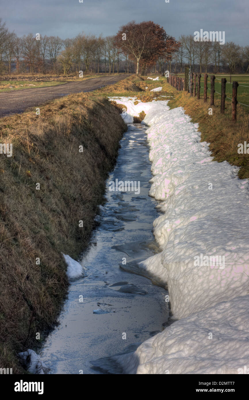 Long straight ditch, filled with snow aqt the end of winter, left a ...