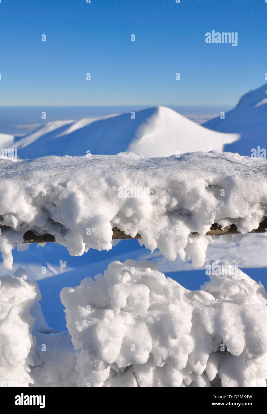closeup snow covering a railing in front of a panorama terrace under a ...