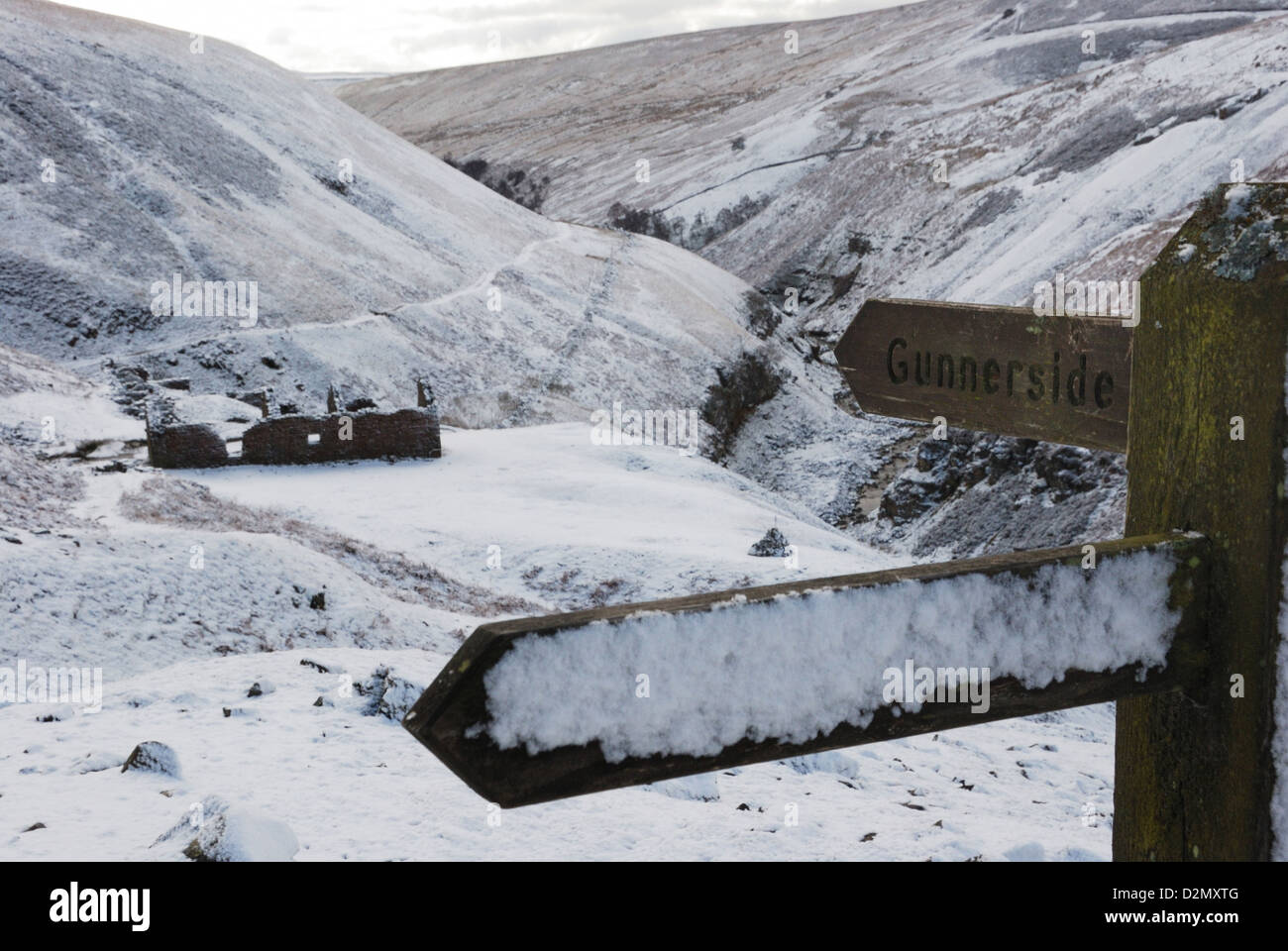 A footpath sign in the snow pointing to Gunnerside in the Yorkshire ...