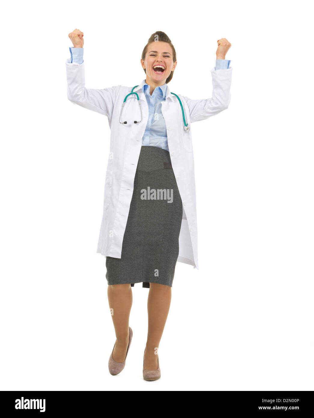 Full length portrait of happy medical doctor woman rejoicing success ...