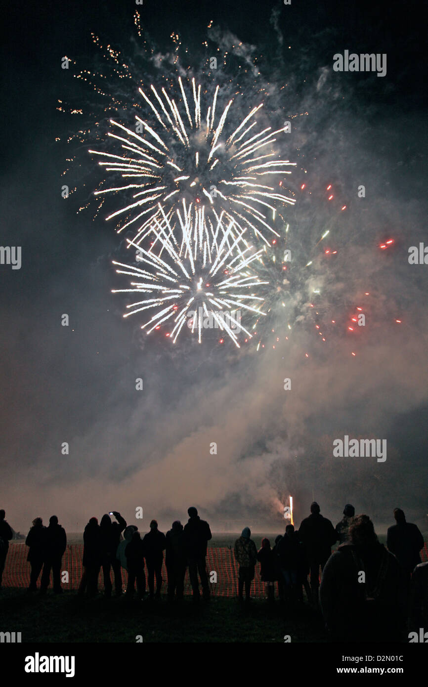 Double white burst at the Widecombe-in-the-Moor, Dartmoor, firework ...