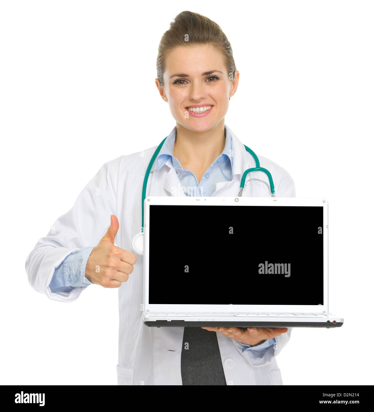 Smiling medical doctor woman showing laptop and thumbs up Stock Photo ...