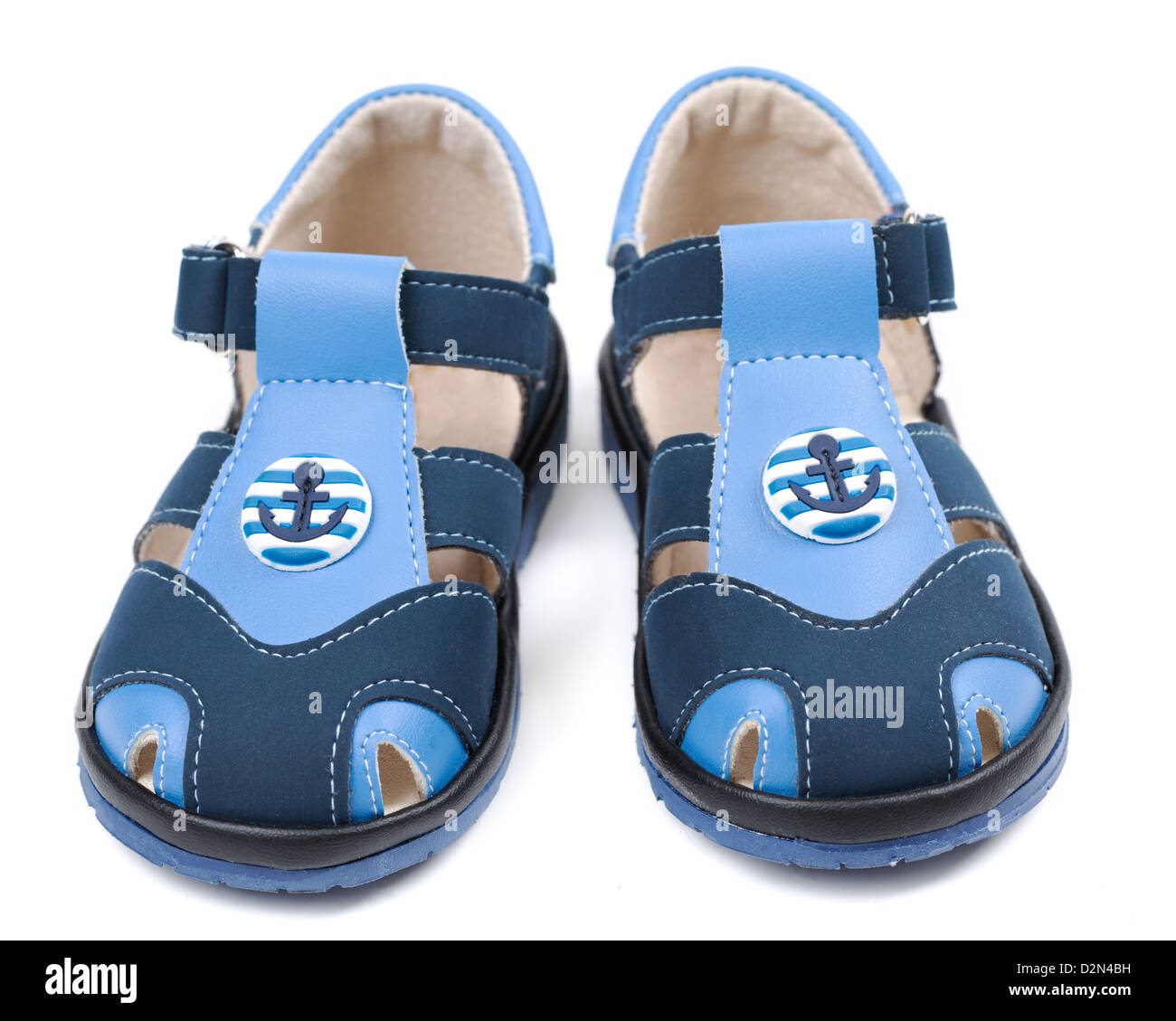 Baby blue sandals with a pattern in the shape of an anchor. Isolated on ...