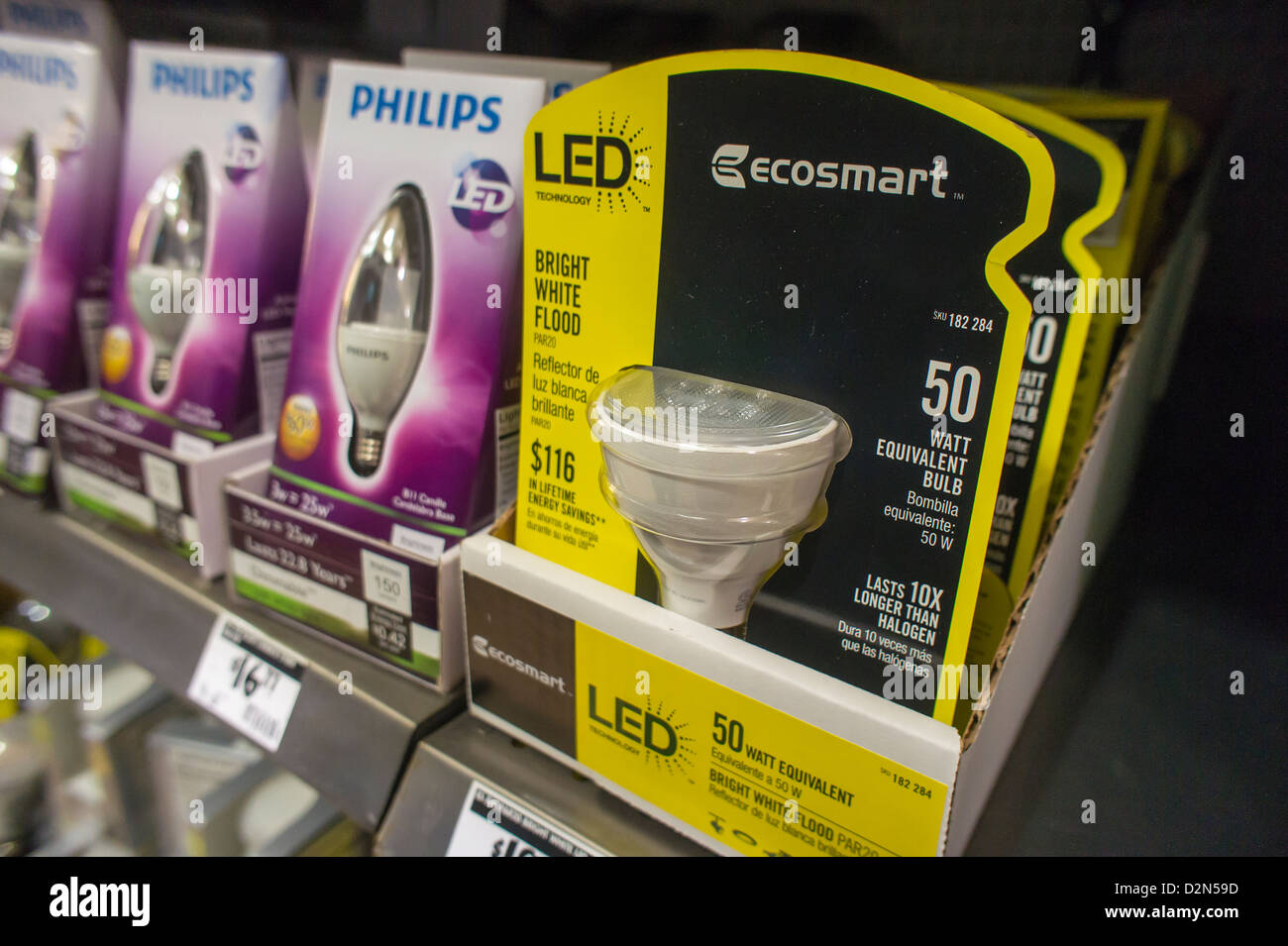 A selection of led light bulbs are seen in a hardware store in New York ...