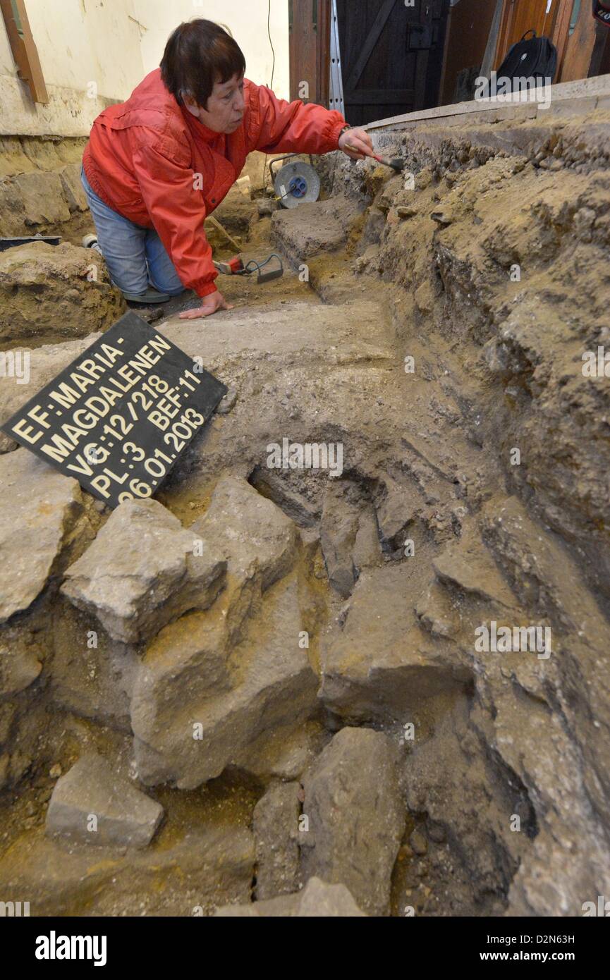 Excavation helper Rosemarie Hinkel works on the remnants of a previous ...