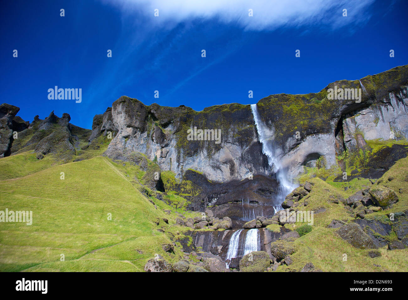Waterfall in summer sunshine at Foss a Sidu, South coast, Iceland ...