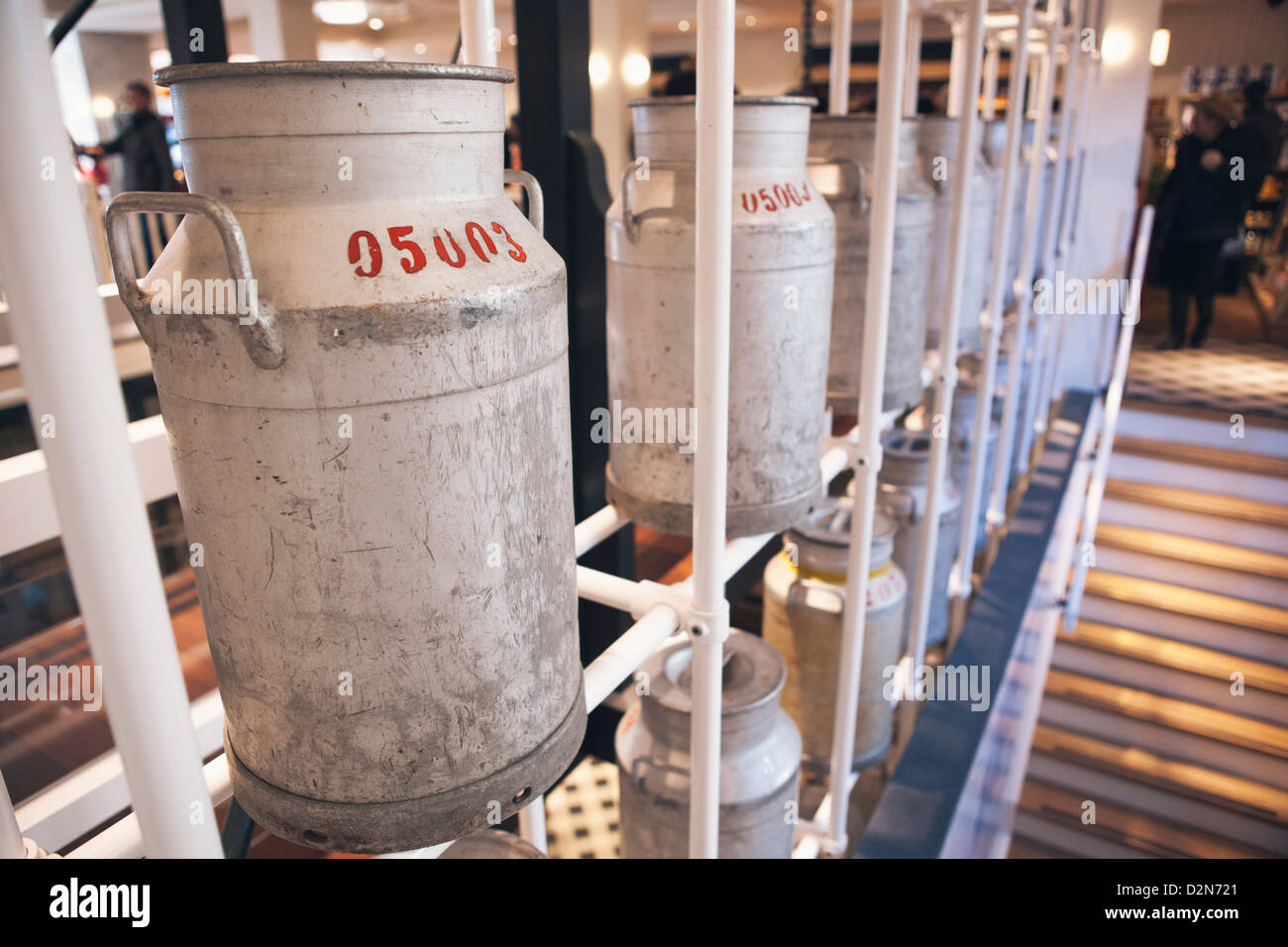 Milk churns in the cheese factory, Volendam, North Holland Province ...