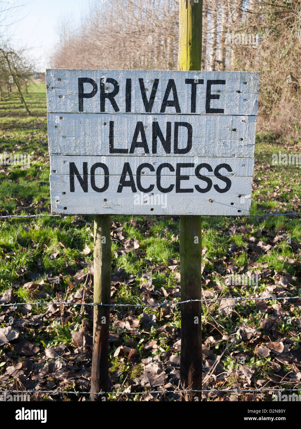 Private land no access sign painted on a board in an English orchard UK ...