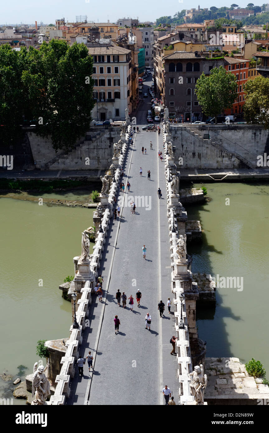 Rome. Italy. River Tiber bridge Ponte Sant’ Angelo lined with Bernini ...