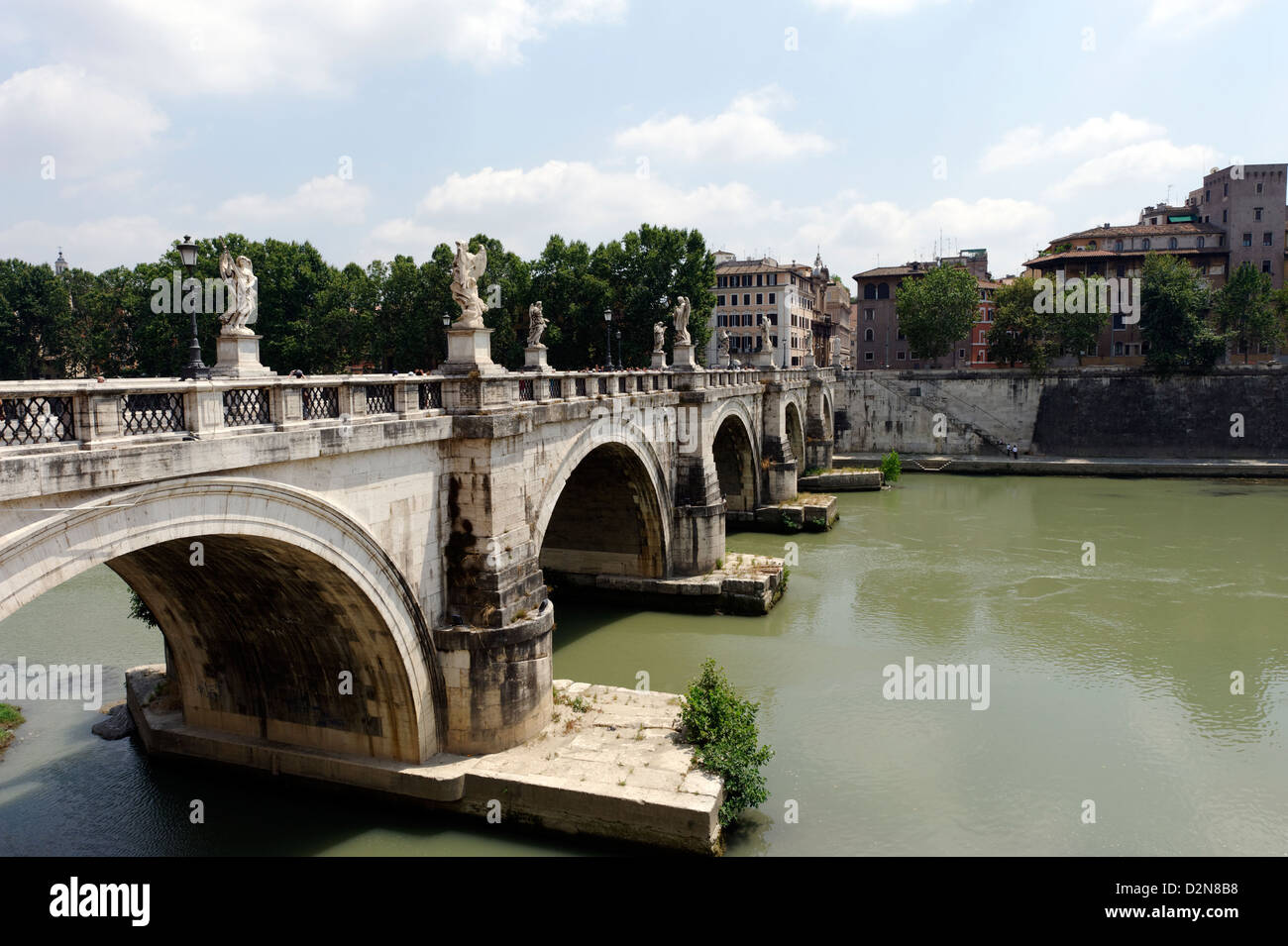 Rome. Italy. River Tiber bridge Ponte Sant’ Angelo lined with Bernini ...