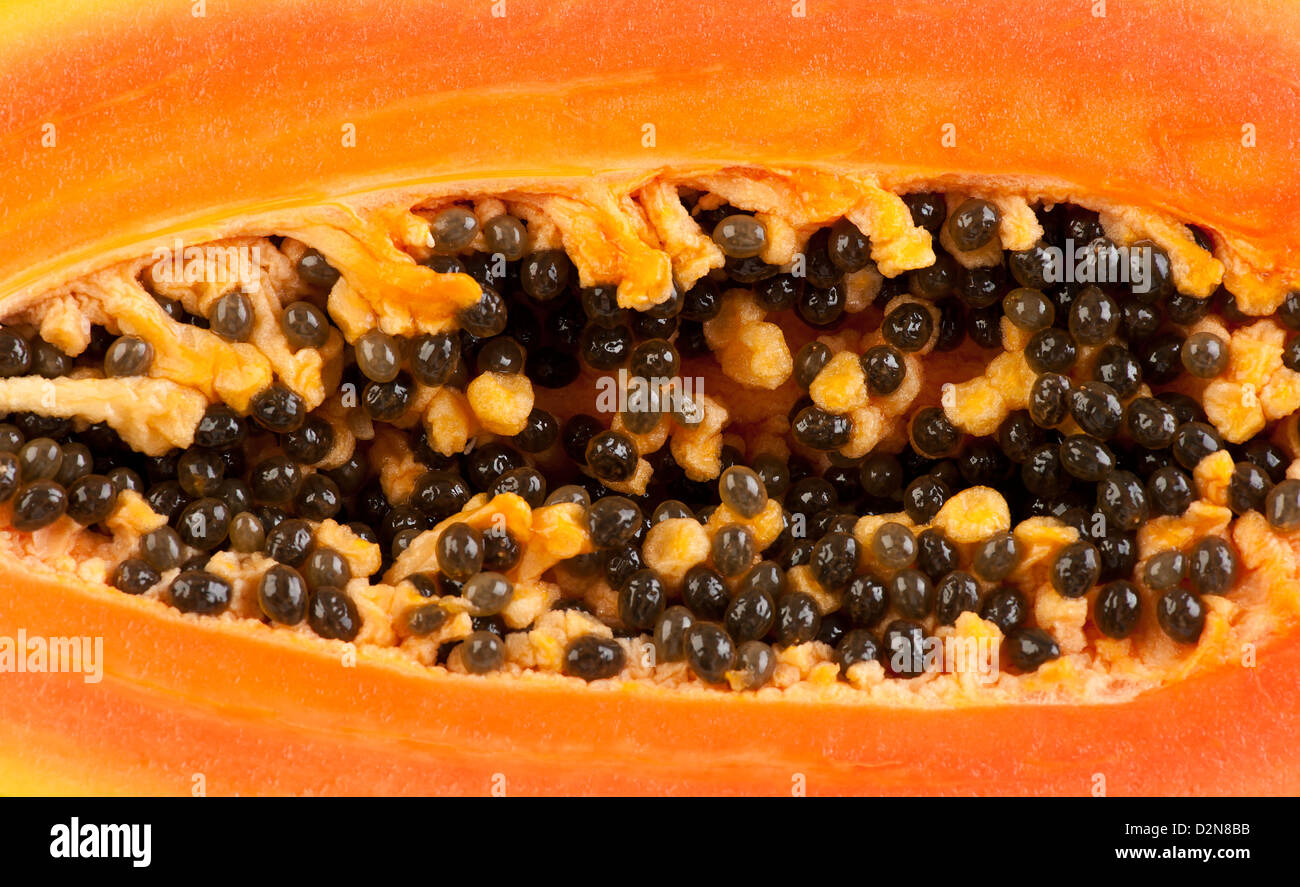 Halved fresh papaya fruit detailed macro photo Stock Photo - Alamy