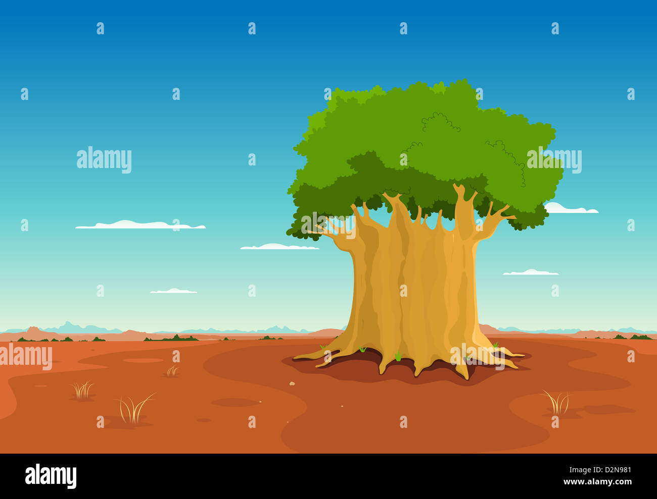 Illustration of a cartoon african landscape, with baobab tree and wide ...