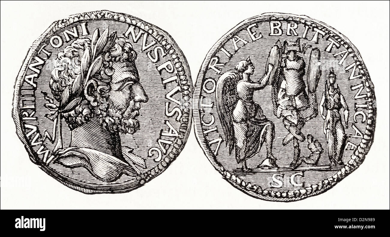 Coin from the era of the Roman Emperor Antoninus Pius Victorian woodcut ...