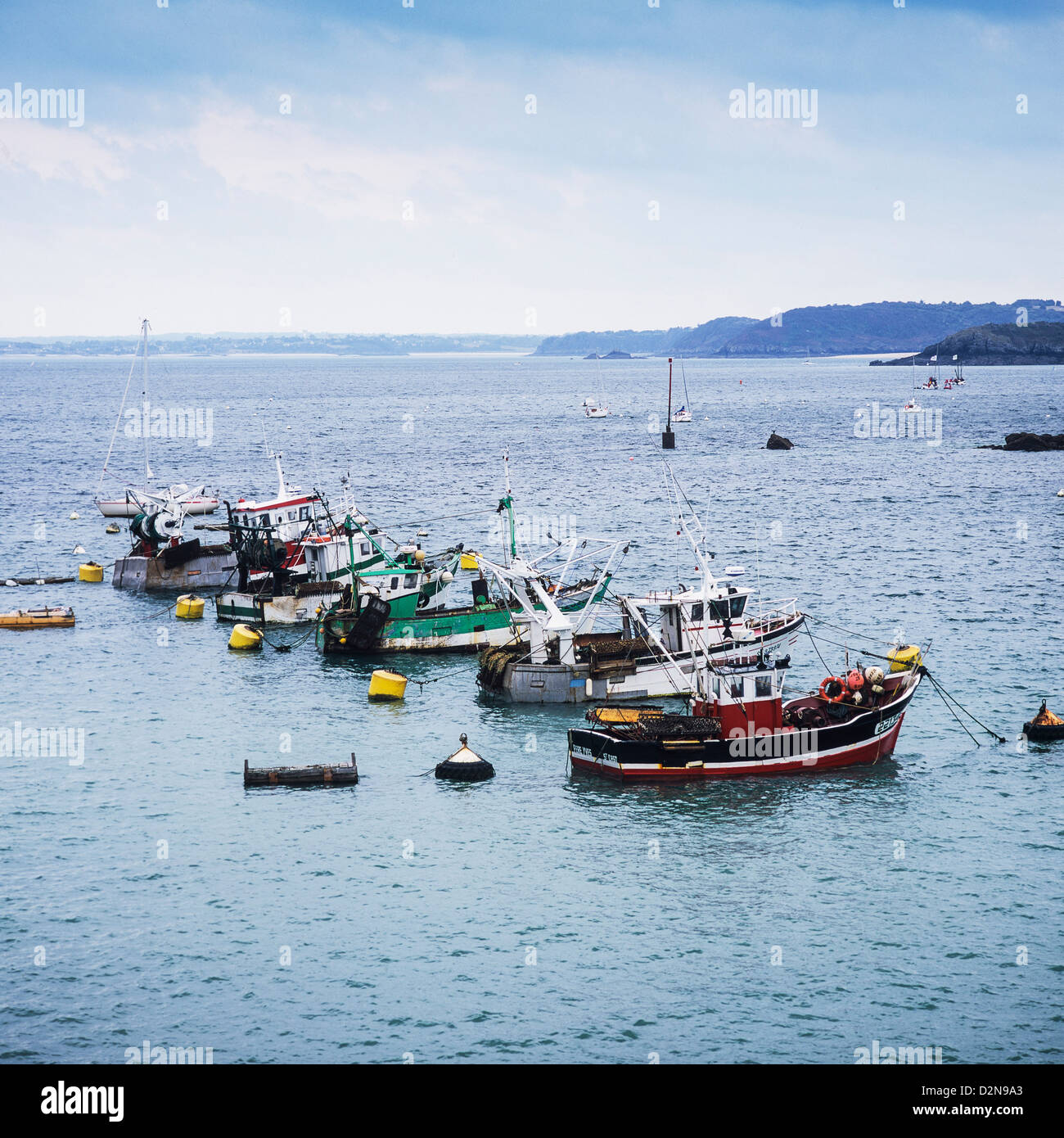 Anchored trawler fishing boats, harbour, Saint-Cast-le-Guildo, Côtes d ...