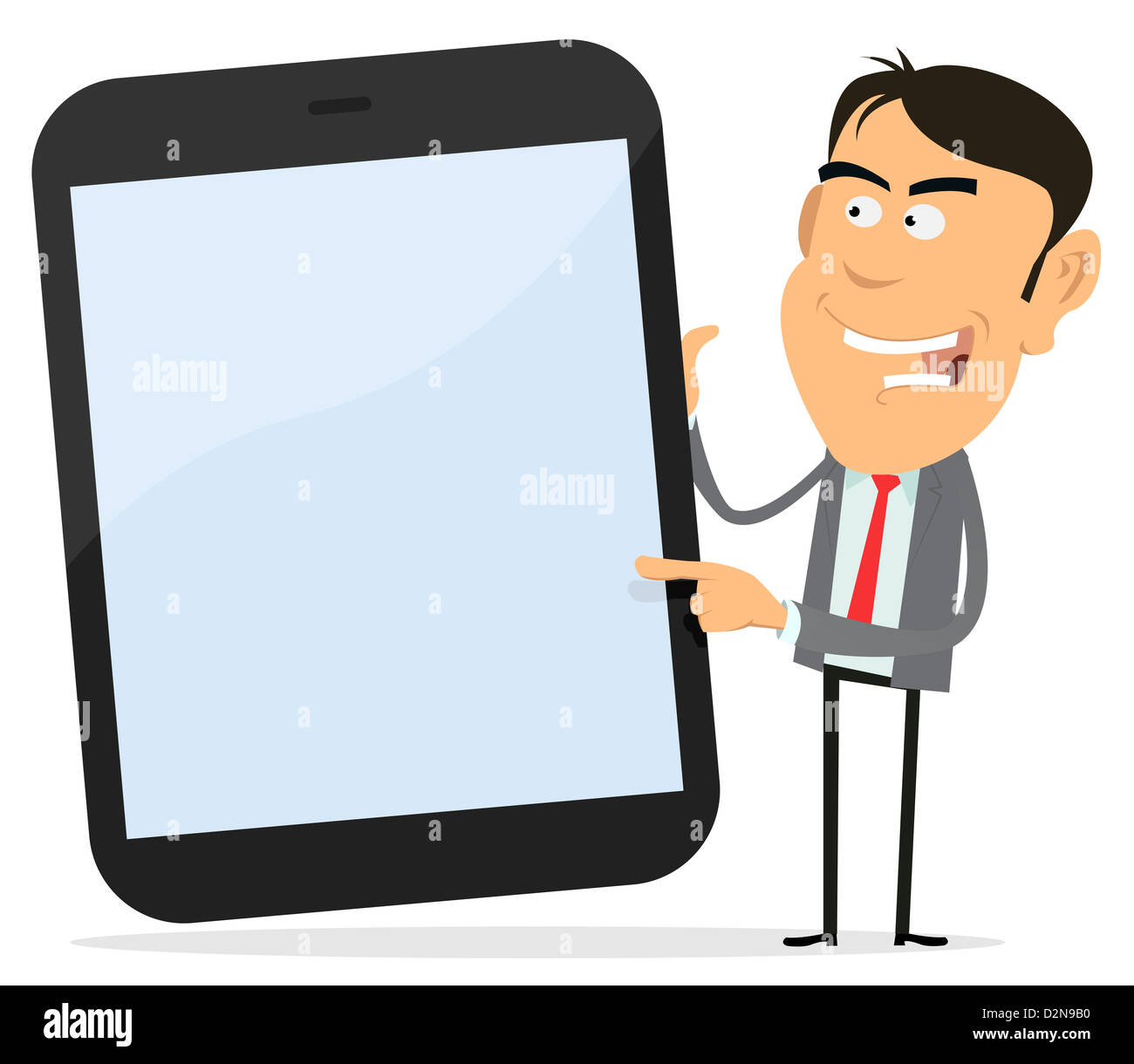 Illustration of a cartoon tablet PC with happy businessman pointing the ...