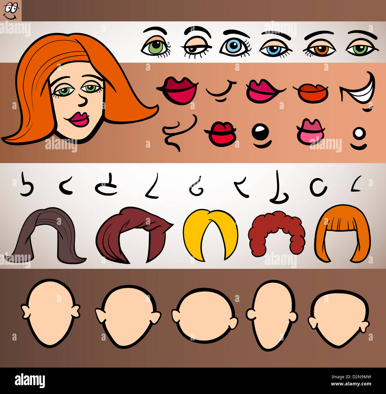 Cartoon Illustration of Funny Woman Face Elements such Eyes, Lips ...