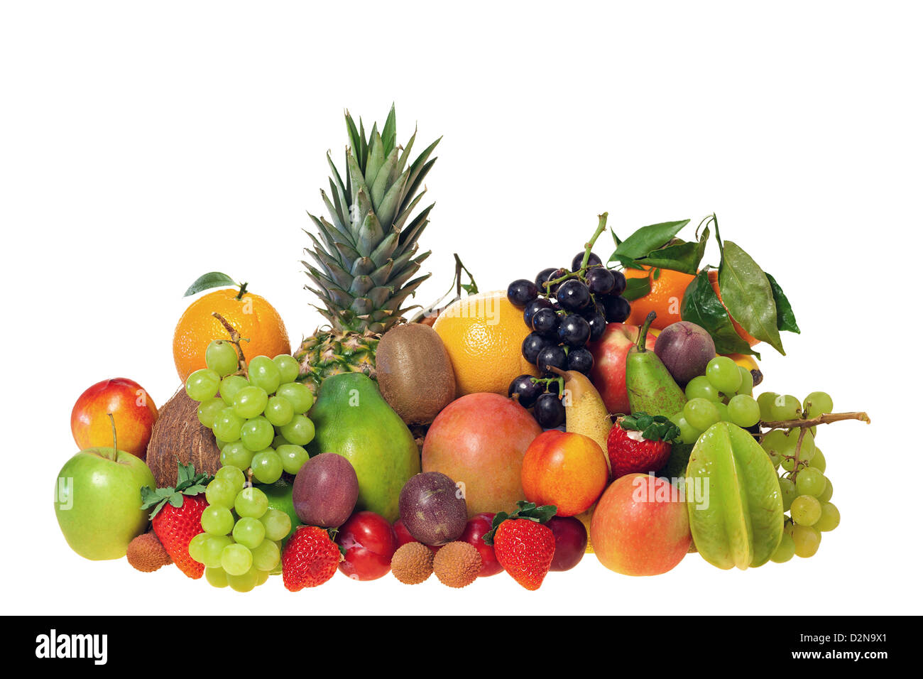 Assortment of many different exotic fruits isolated on white background ...