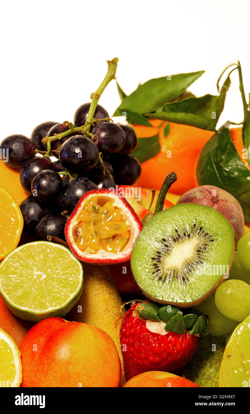 Section of a selection of many different exotic fruits isolated on ...