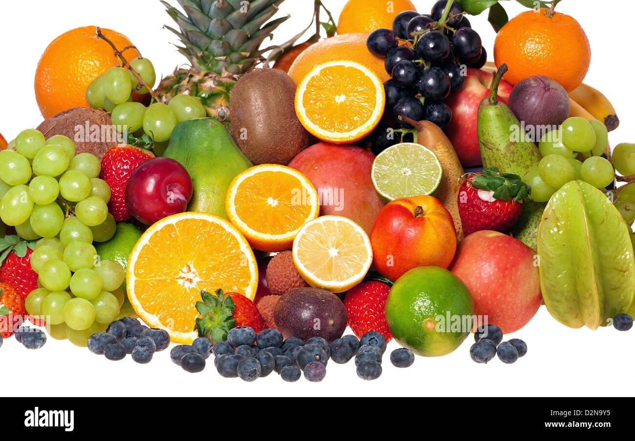Great selection of many different exotic fruits isolated on white ...