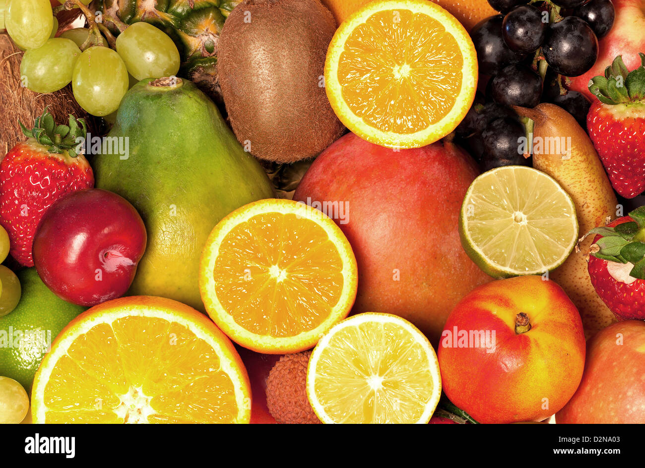 Background from many different exotic fruits Stock Photo - Alamy