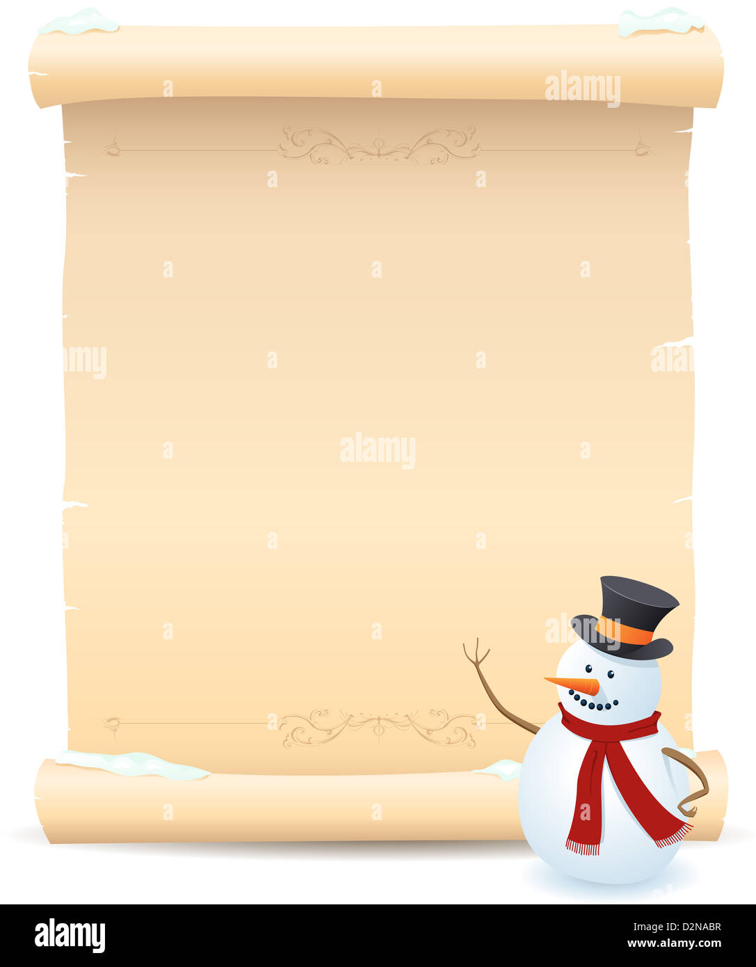 Illustration of a snowman showing parchment sign for your advertisement ...