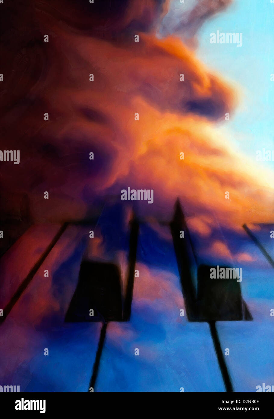 Illustration of piano keys and surreal sunset sky interacting in a ...