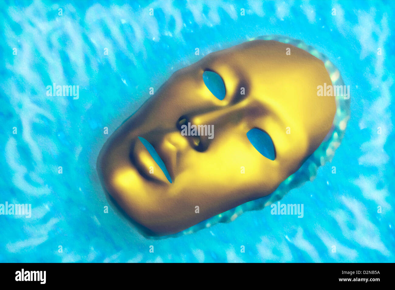 Illustration of golden facial mask staring upward while floating in ...