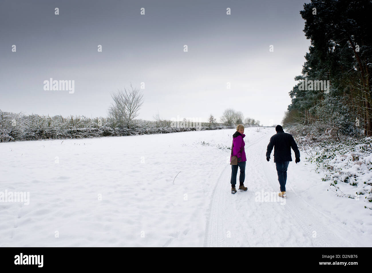 Two people walking through snow covered Essex countryside Stock Photo ...