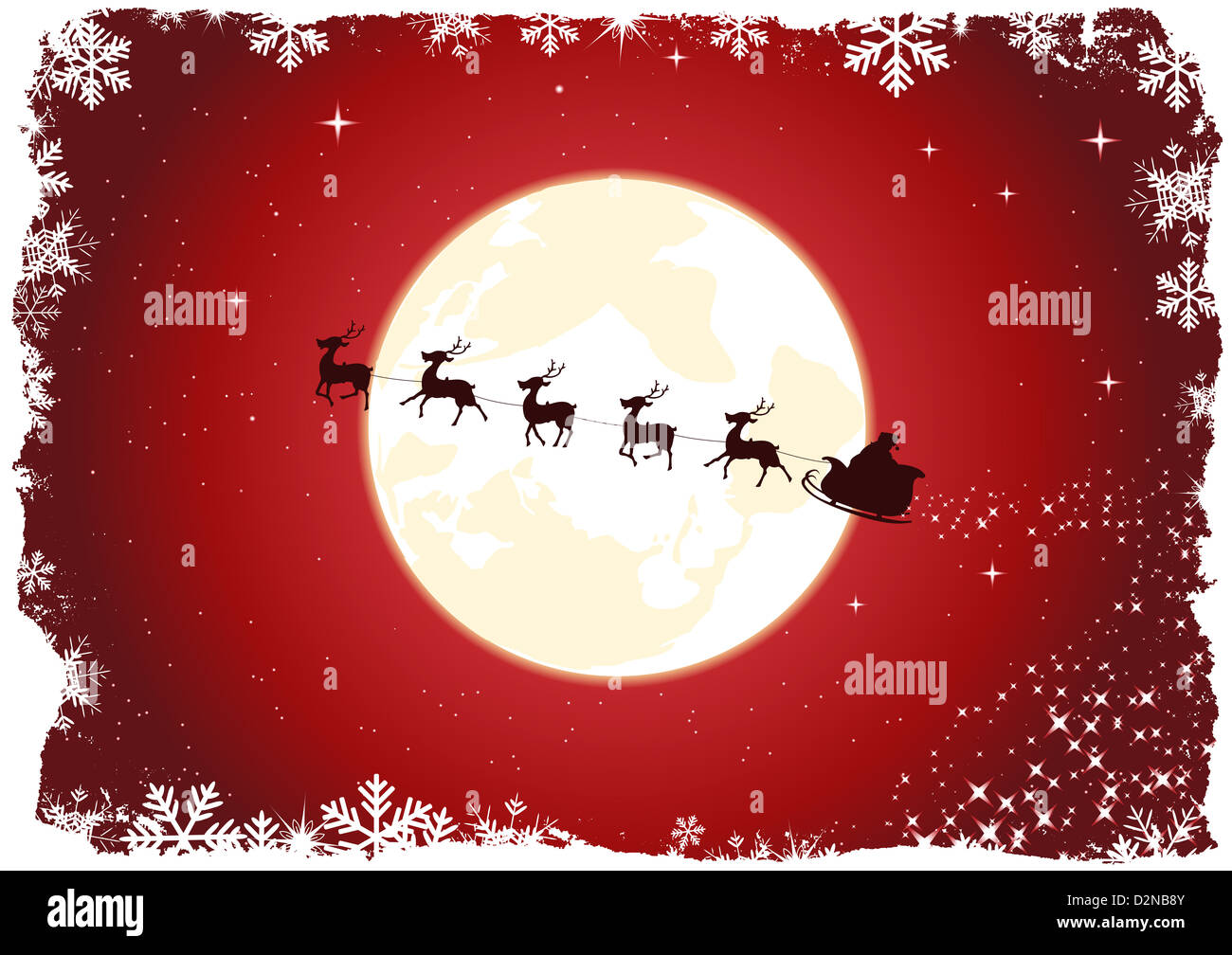 Illustration of santa driving his magic sleigh and his reindeer through ...