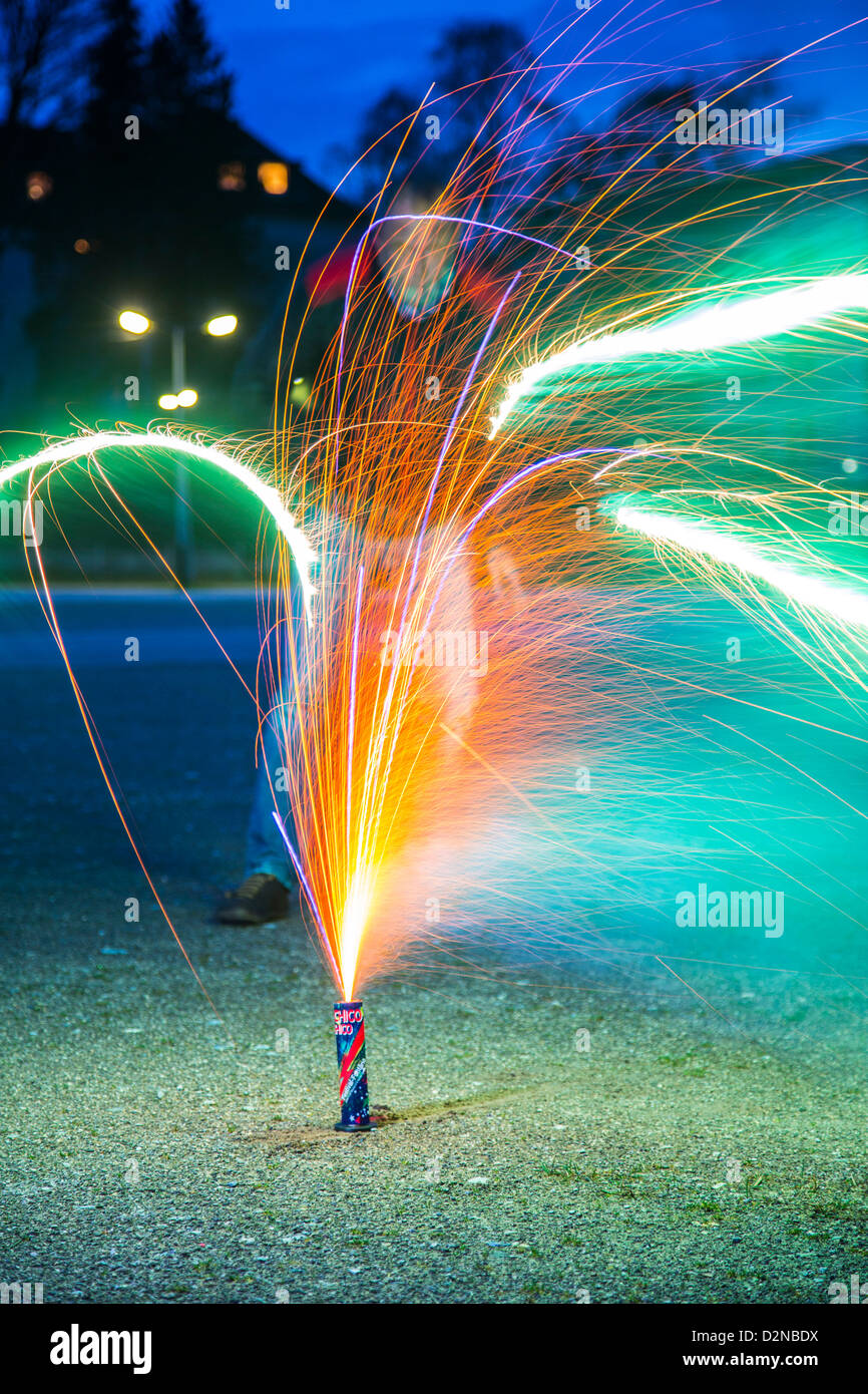 Fireworks, light fountains. Pyrotechnics Stock Photo - Alamy