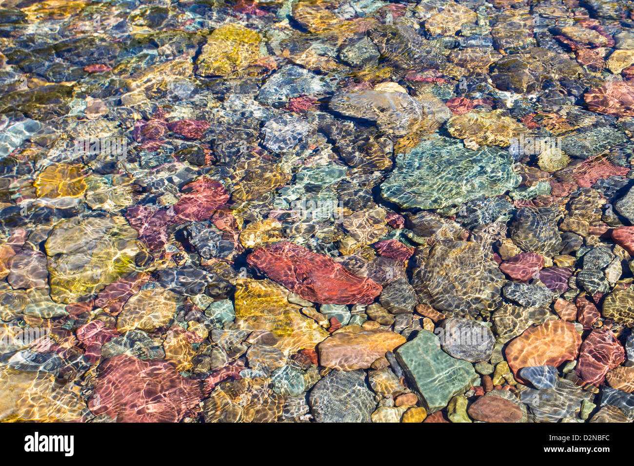 Colorful rocks in creek in Glacier National Park in the Rocky Mountains ...