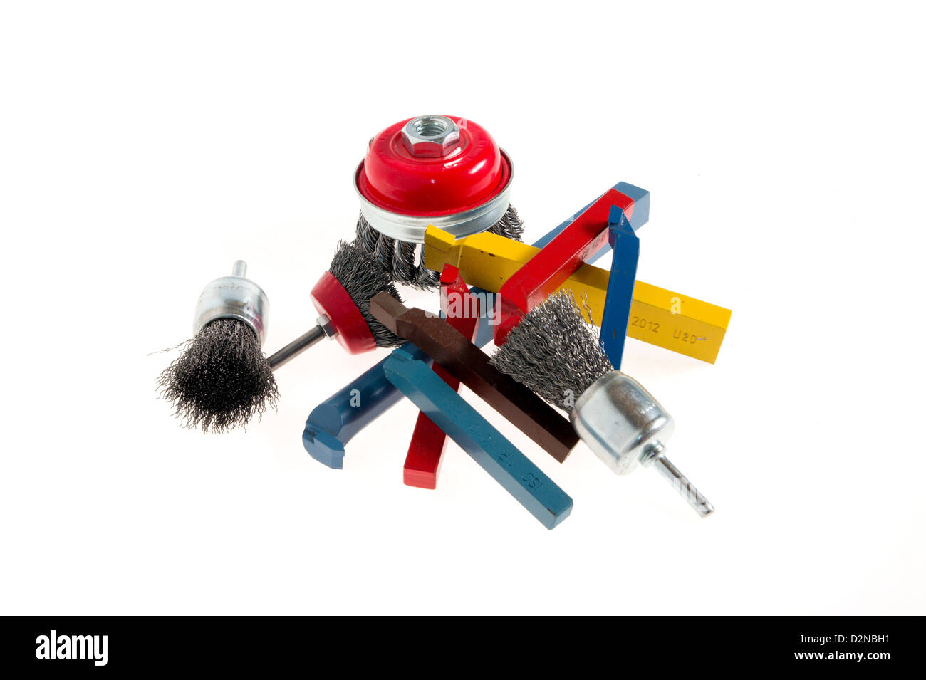turning tools and wire brushes on a white background Stock Photo - Alamy