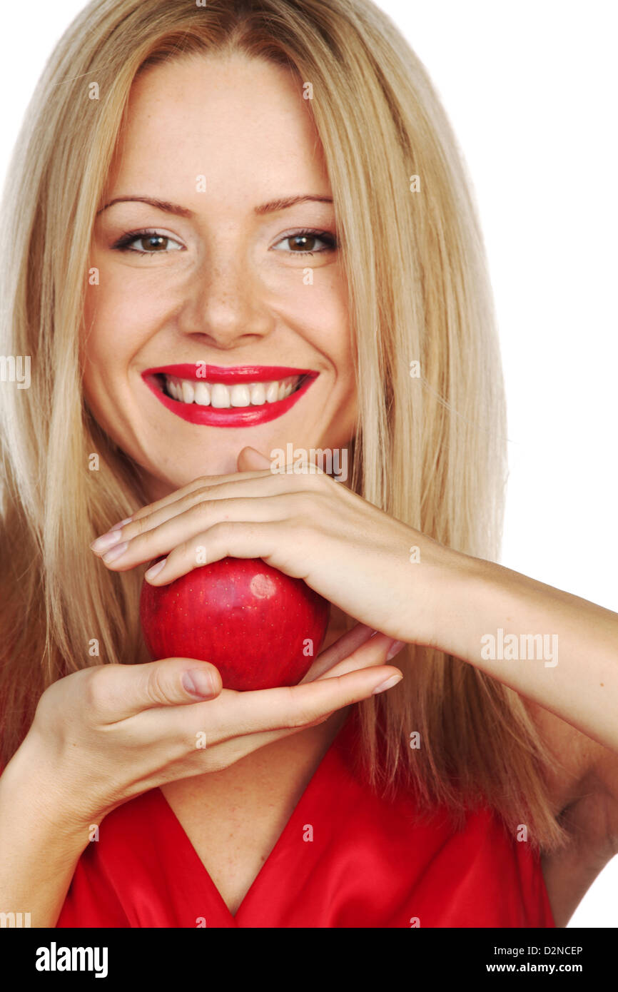 woman eat red apple on white background Stock Photo - Alamy