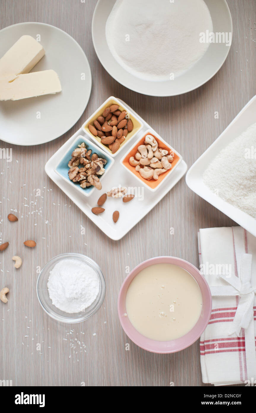 Baking ingredients for sweets: nuts, flour, butter, sugar, milk Stock ...