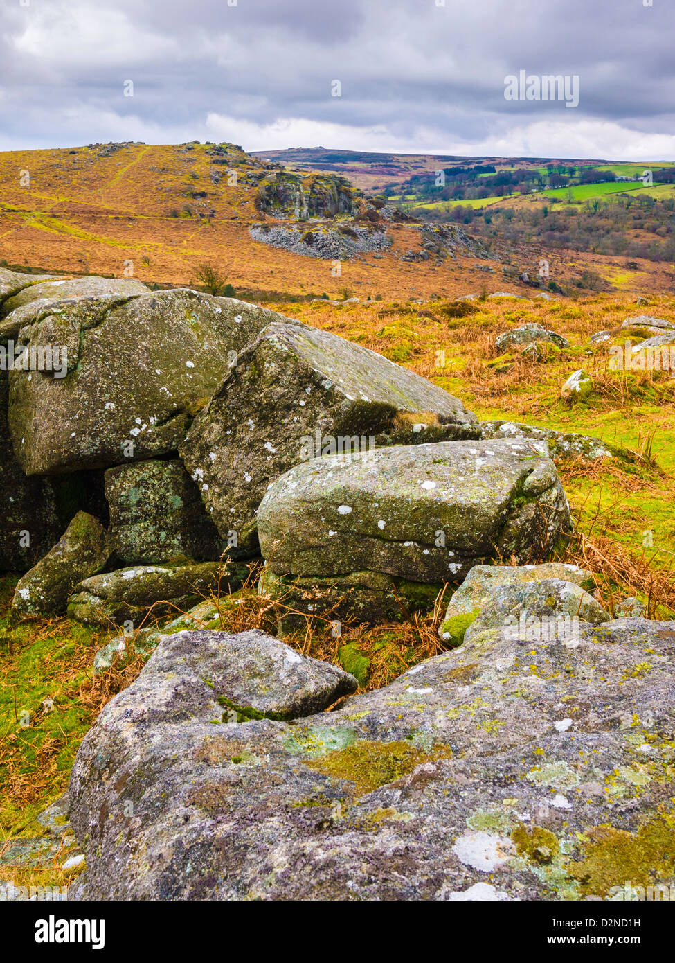 A hut circle at Smallacombe Rocks on Dartmoor looking towards Holwell ...