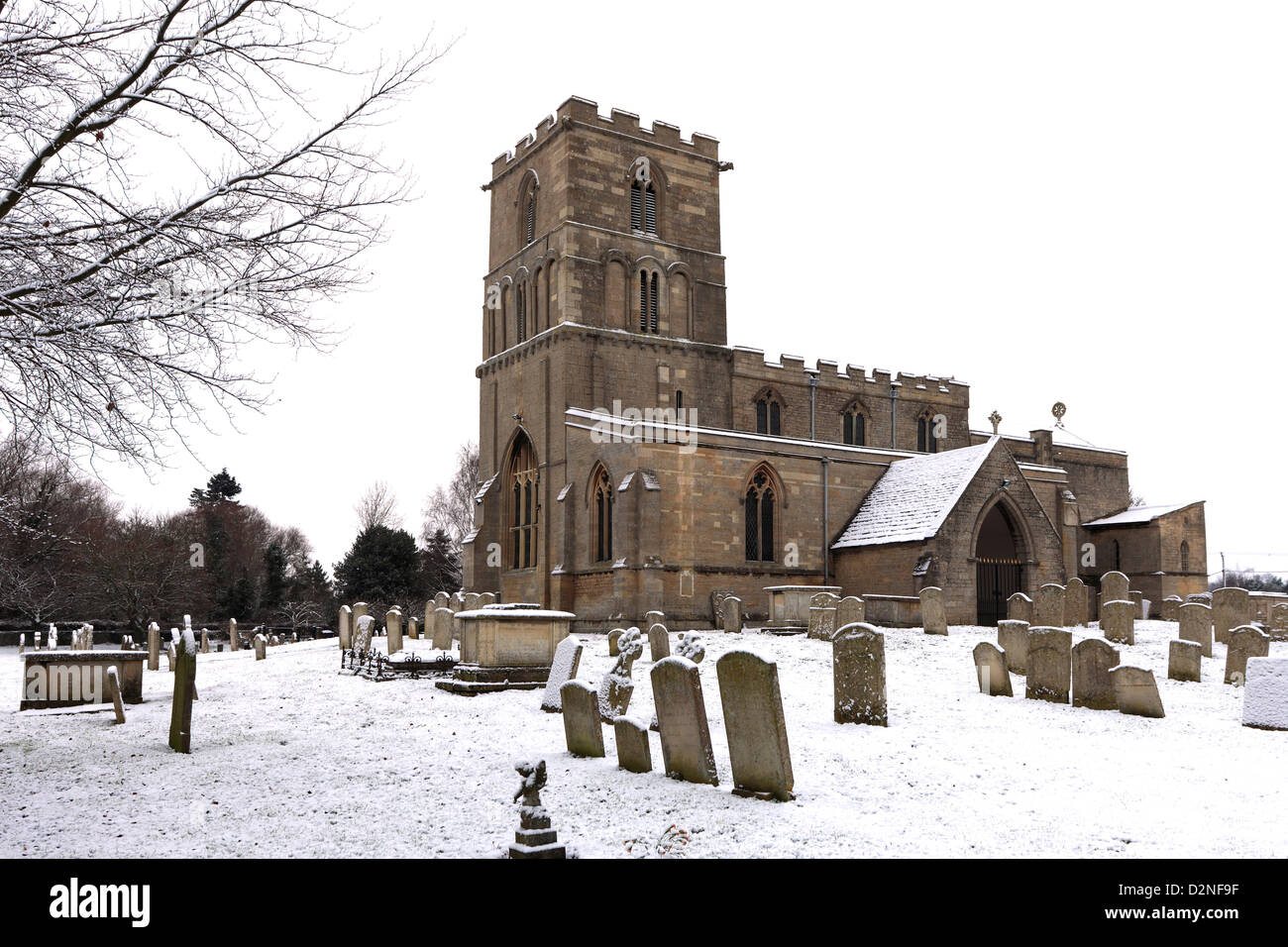 Winter snow, St Peters parish church, Maxey village, Cambridgeshire ...