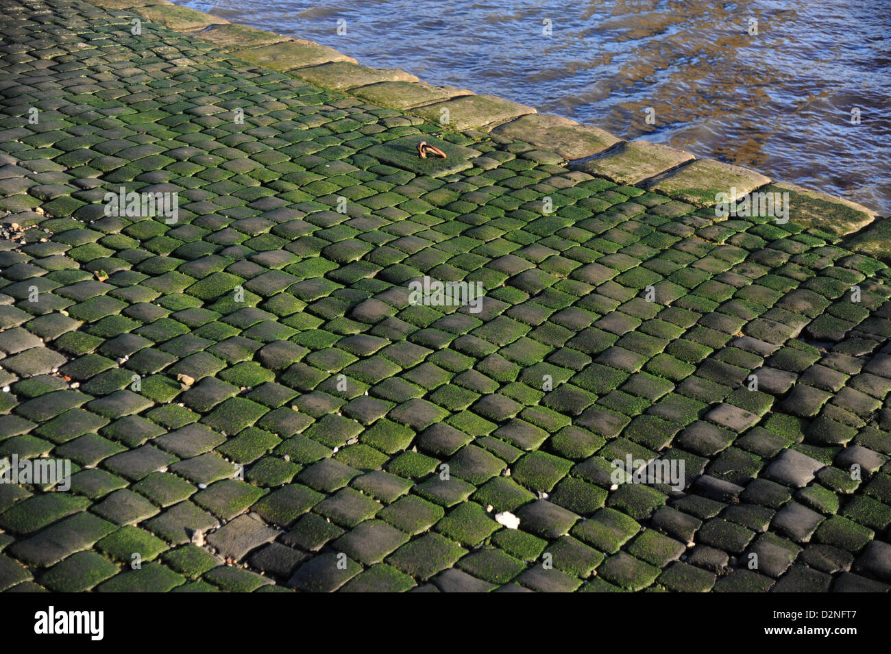 Green cobbled quayside Stock Photo - Alamy