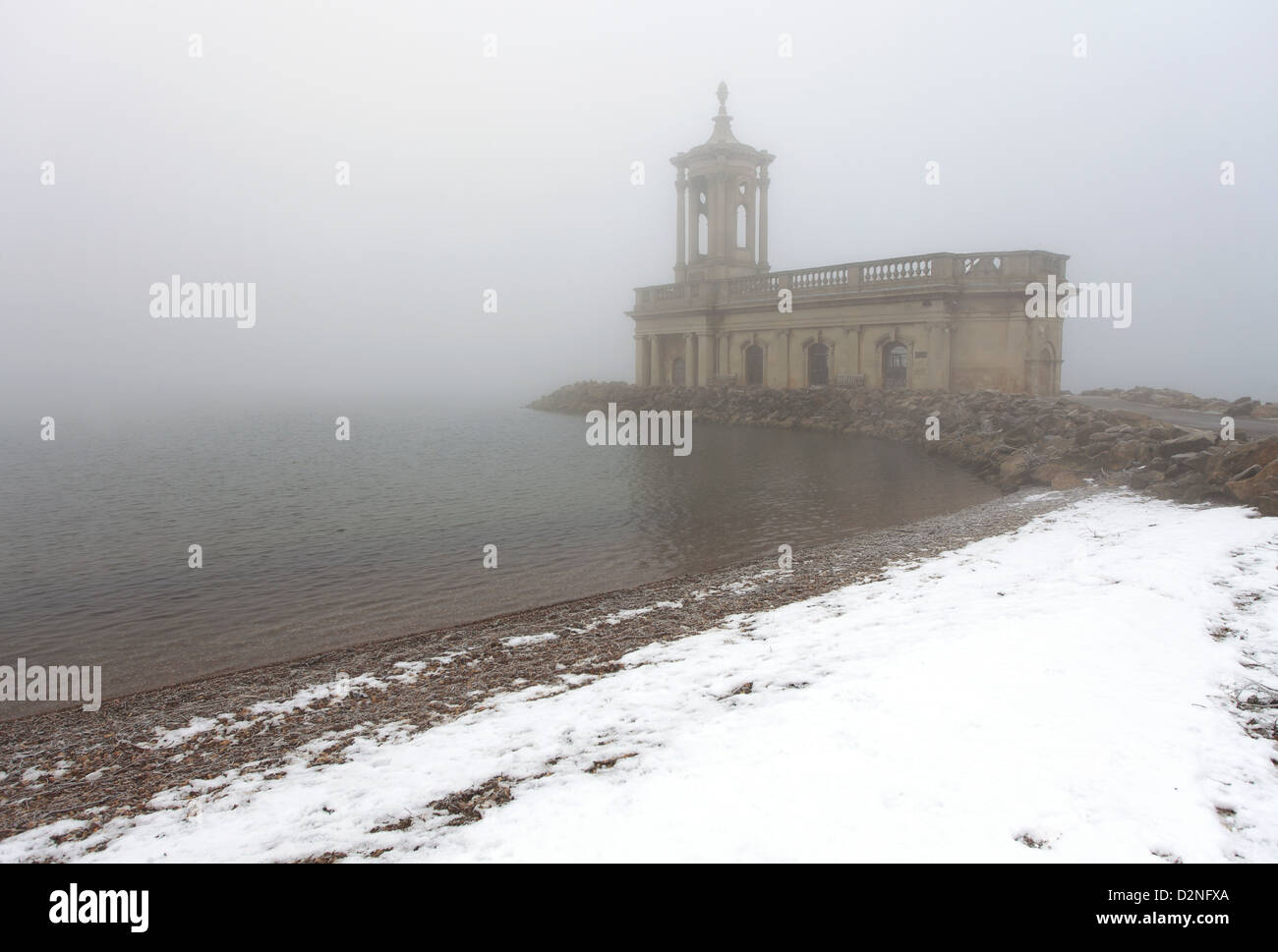 Winter snow, Normanton church, Rutland Water reservoir, Rutland County ...